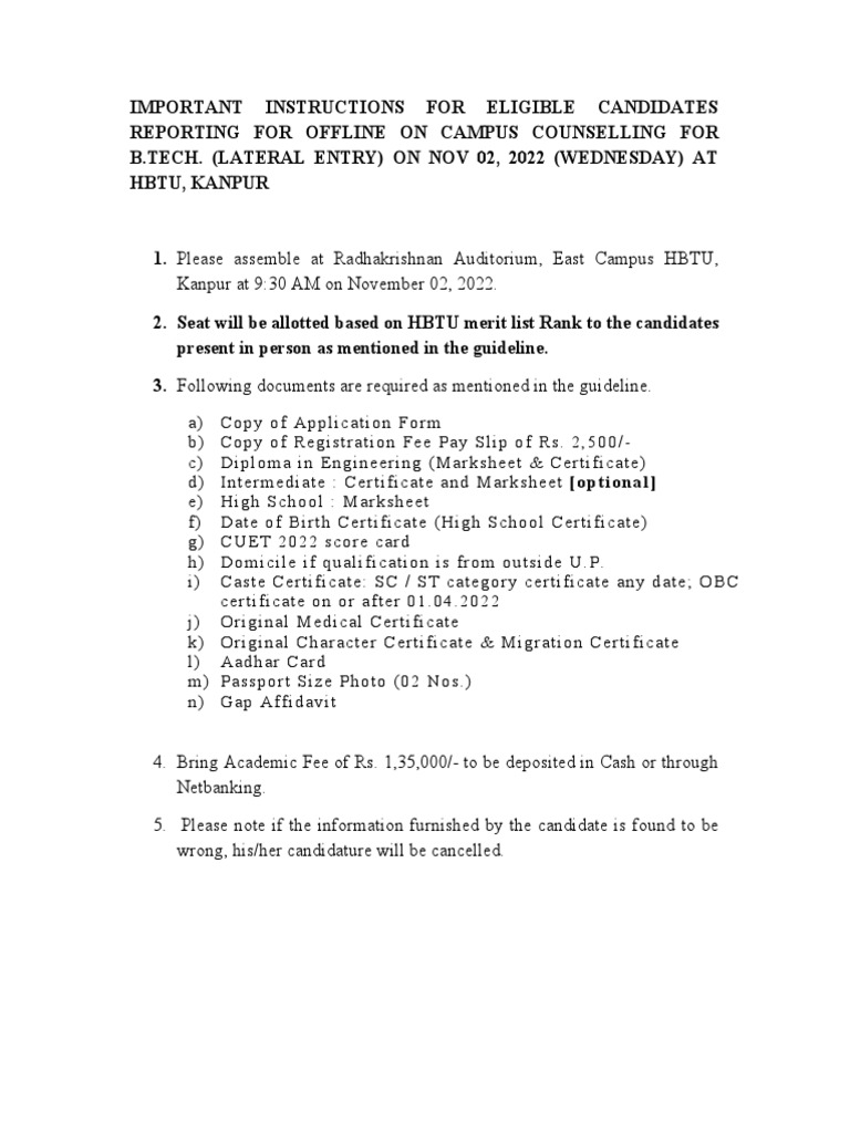 List of Eligible Candidates For B.tech - Lateral Entry Admission 2022 ...