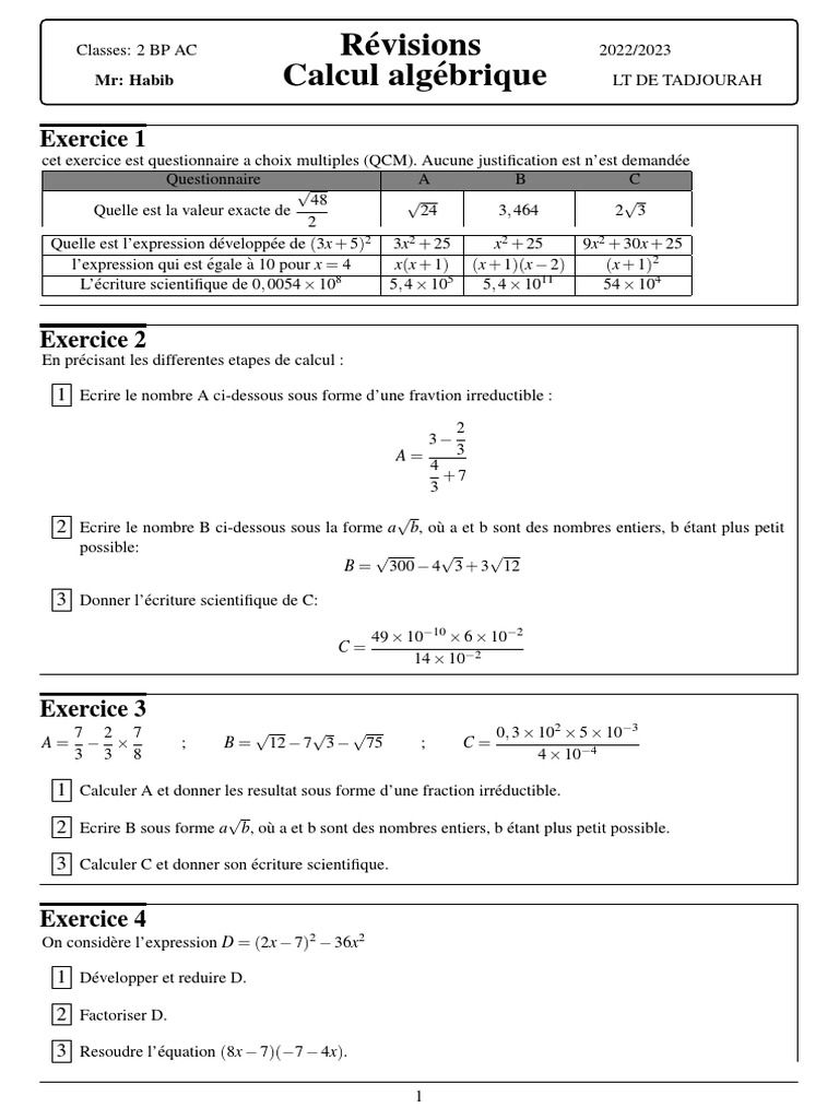 CHAP 1 2nd Exercice | PDF | Mathématiques | Algèbre