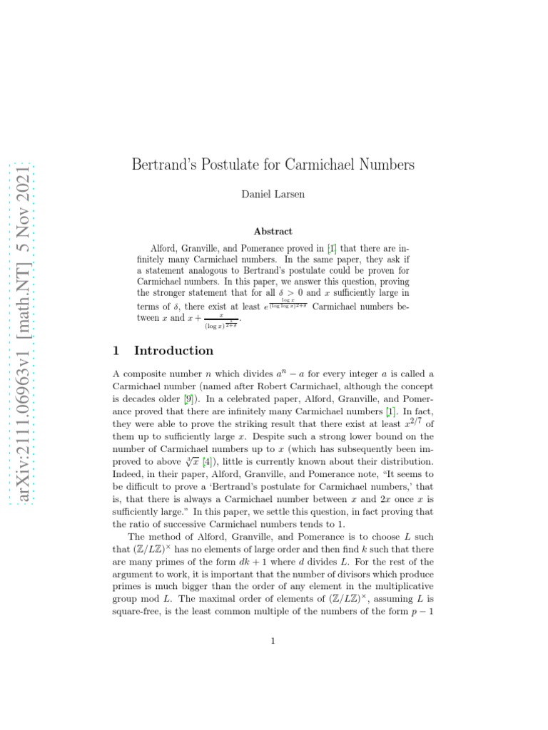 Bertrand's Postulate For Carmichael Numbers: Daniel Larsen | PDF | Prime Number | Numbers