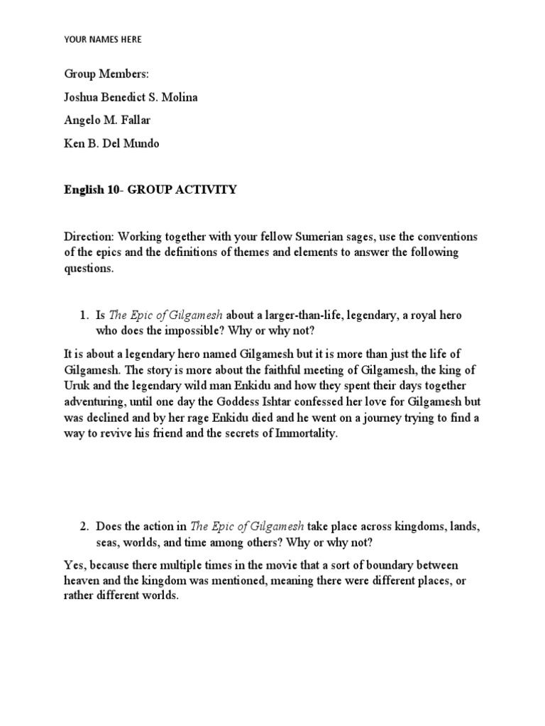 Activity Sheet - Gilgamesh | PDF | Epic Of Gilgamesh | Religious Belief ...
