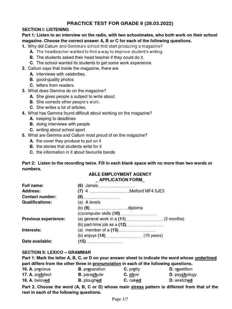 Practice Test For Grade 9, 28.03 | PDF | Influenza | Virus