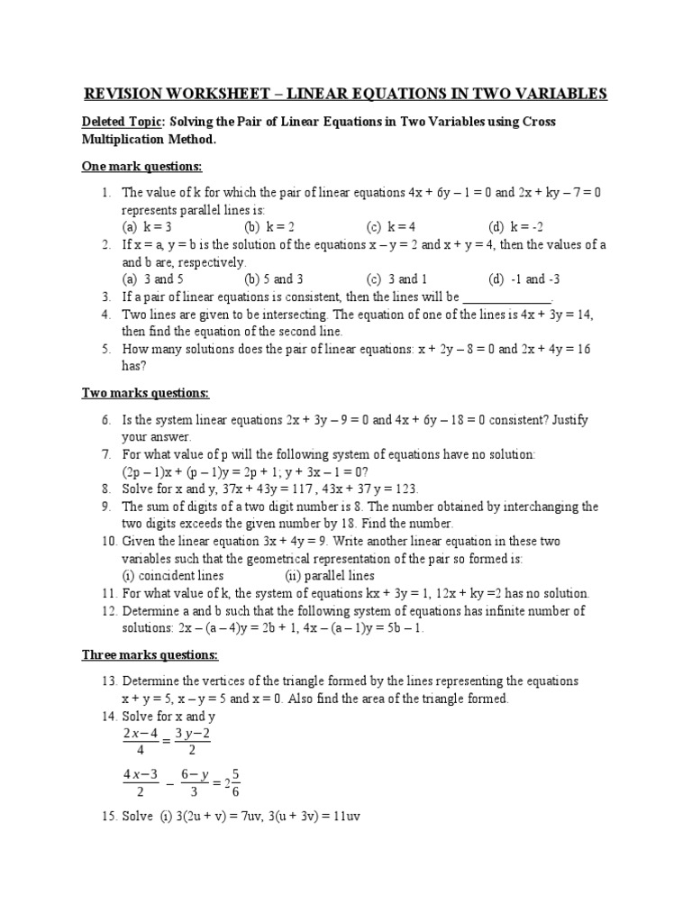 Revision Worksheet - Linear Equations | PDF | Equations | System Of ...