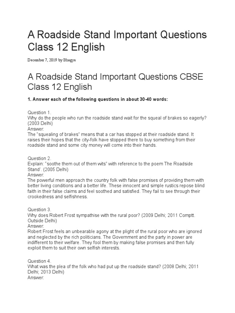 A Roadside Stand Important Questions Class 12 English | PDF A Roadside Stand Important Questions Class 12 English | PDF