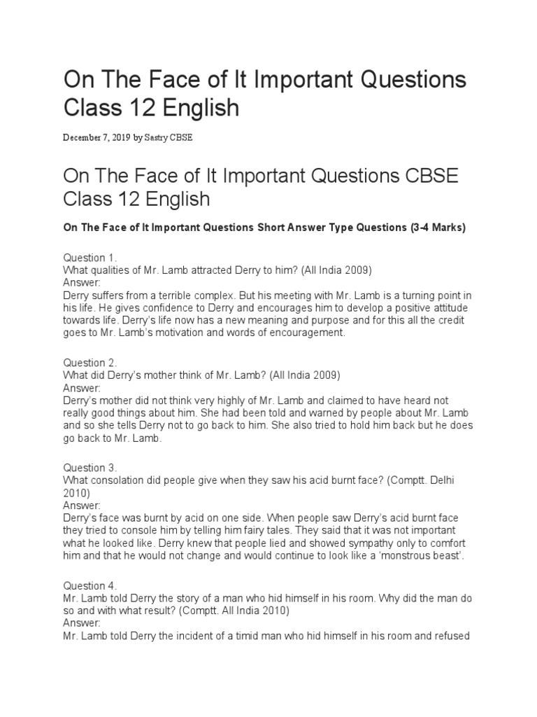 On The Face of It Important Questions Class 12 English | PDF