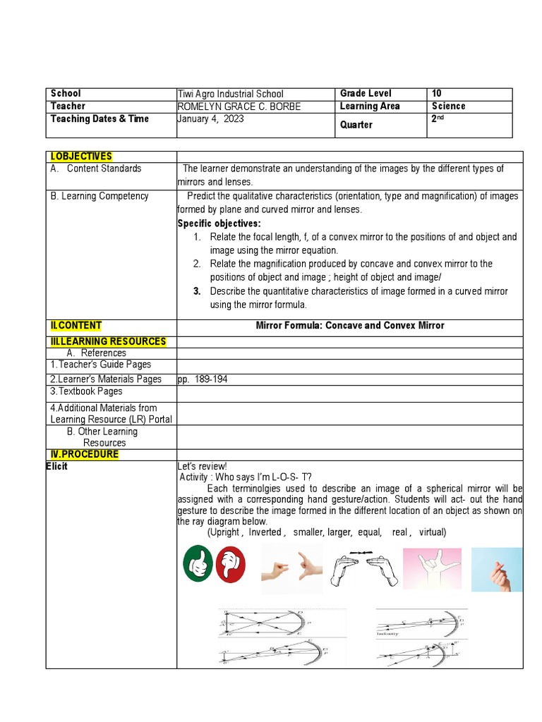 Lesson Plan On Mirror Formula | PDF | Electromagnetic Radiation | Optics
