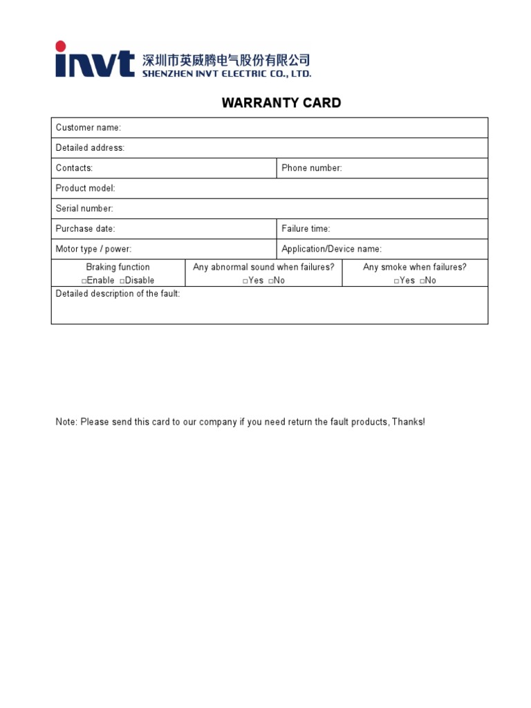 Invt Warranty Card Pdf Electricity Electrical Engineering