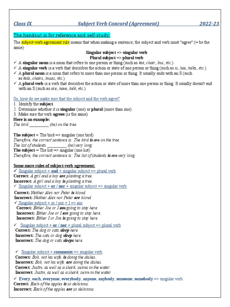 Class IX-Worksheet-Subject Verb Concord | PDF | Grammatical Number | Plural