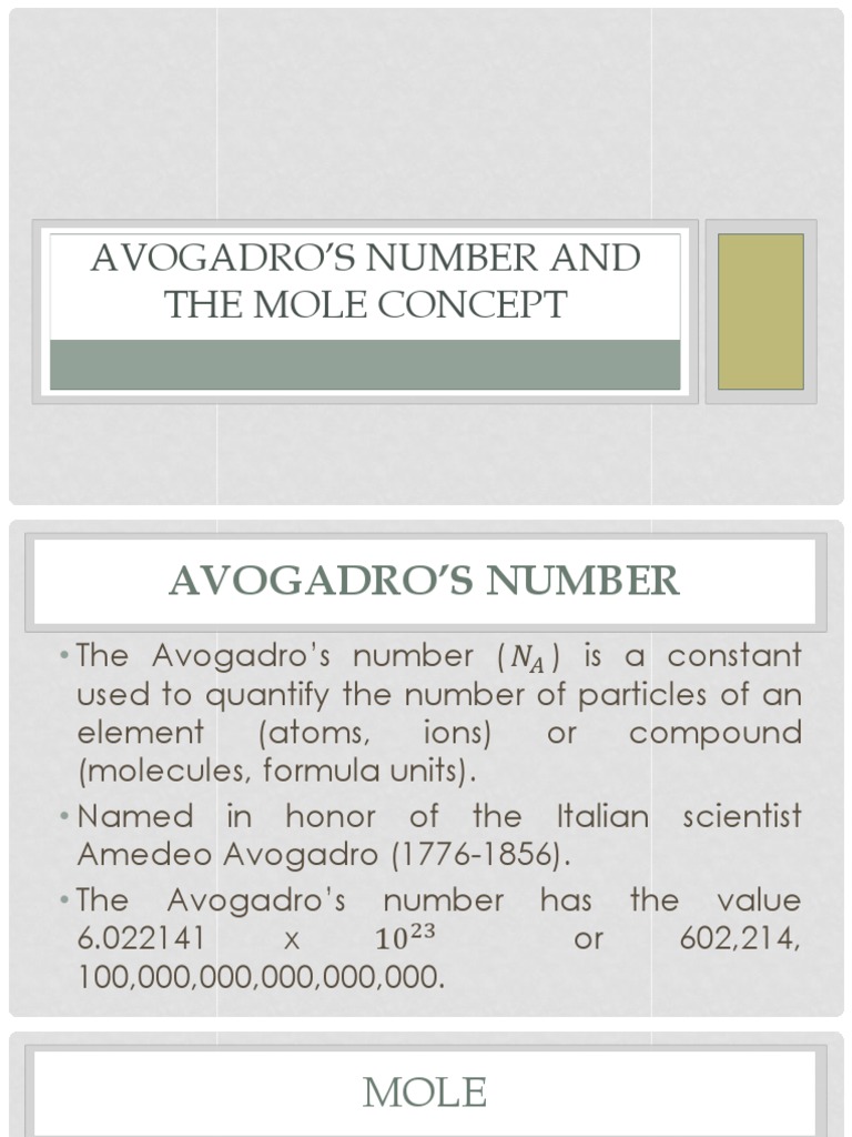 Avogadro's Number and The Mole Concept | PDF | Mole (Unit) | Chemical ...