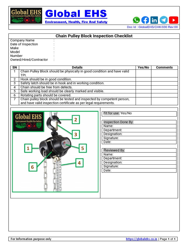 Chain Pulley Block Inspection Checklist Global EHS 030 | PDF