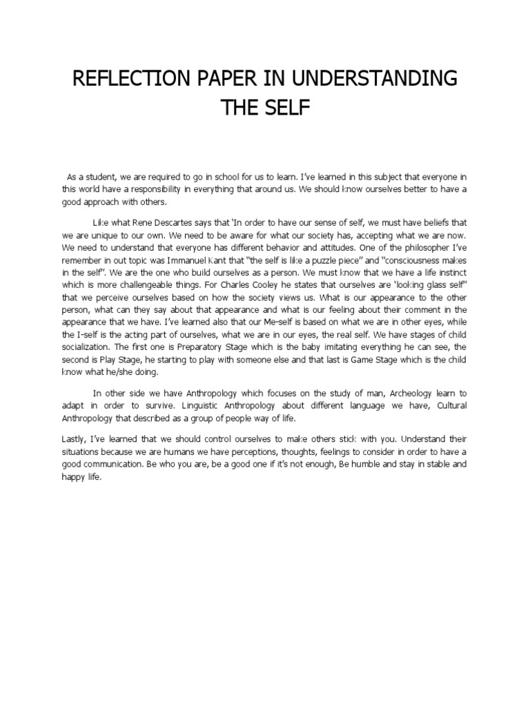 Reflection Paper in Understanding The Self | PDF