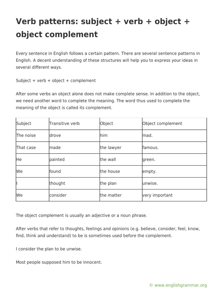 Verb Patterns - Subject + Verb + Object + Object Complement | PDF
