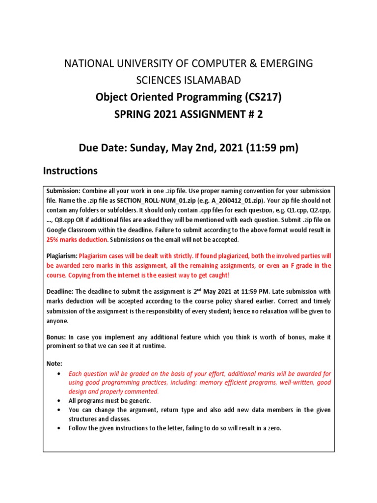 Oop Assignment 2 Spring 2021 Pdf Subroutine Class Computer Programming