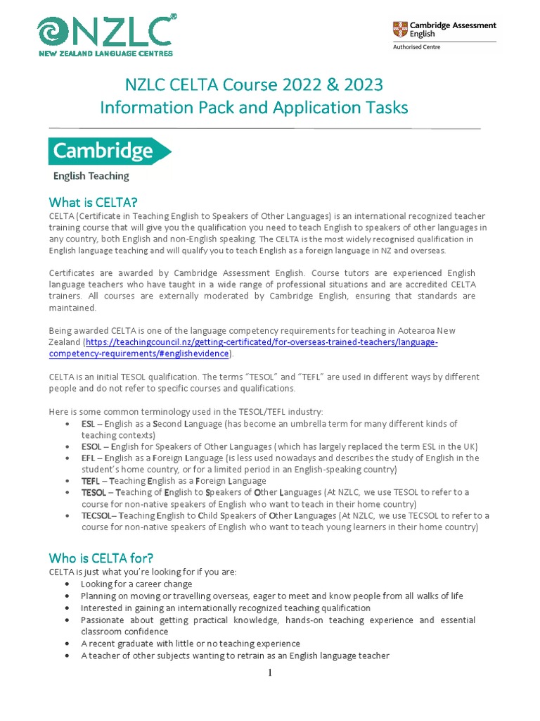 Celta Information Pack And Application Tasks 2022 2023 Typeable V1 Pdf English As A Second 