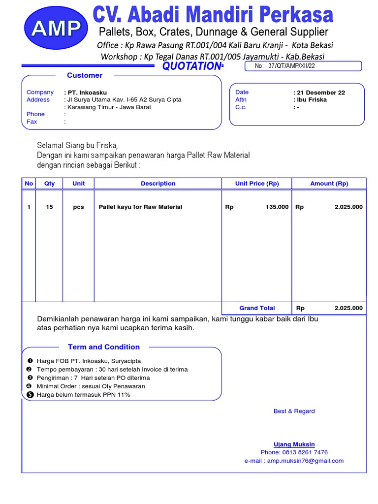 Penawaran Pallet Raw Material PT. Inkoasku | PDF