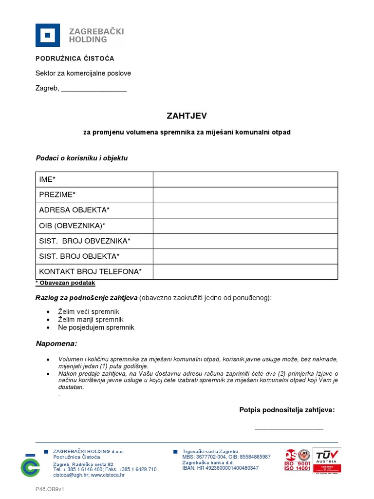 Zahtjev Za Promjenu Volumena Spremnika Za Miješani Komunalni Otpad | PDF