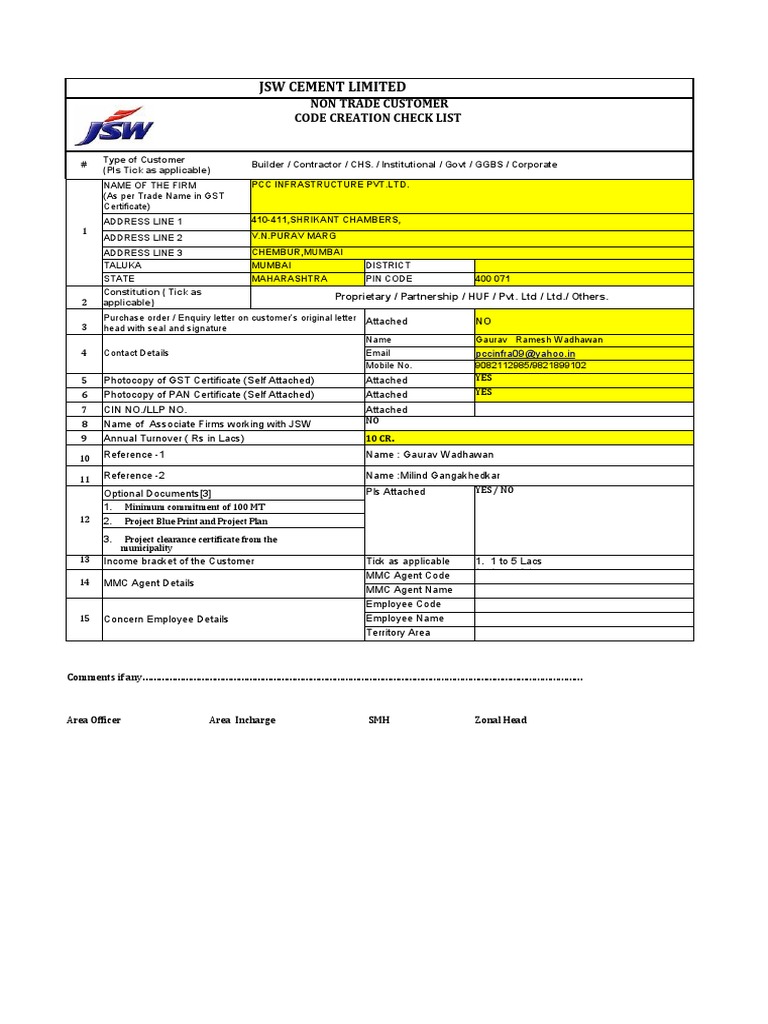 JSW Cement Limited: Non Trade Customer Code Creation Check List | PDF ...