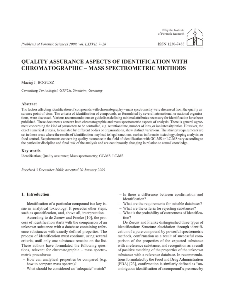 Quality Assurance Aspects of Identification With Chromatographic - Mass ... Quality Assurance Aspects of Identification With Chromatographic - Mass ...