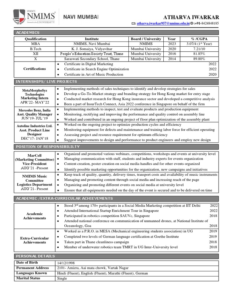 CV - Atharva Iwarkar 27-01-22 - ATHARVA IWARKAR | PDF | Business | Economies