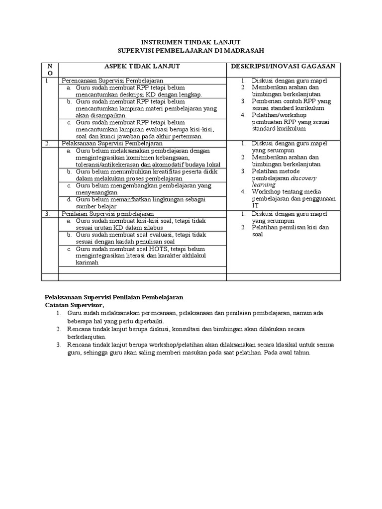 INSTRUMEN TINDAK LANJUT Pada Pelatihan Supervisi | PDF | Karier & Perkembangan
