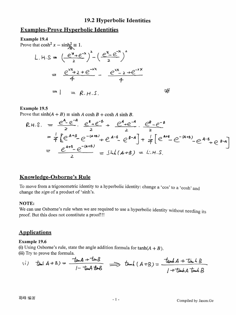 19.2-Hyperbolic Identities | PDF