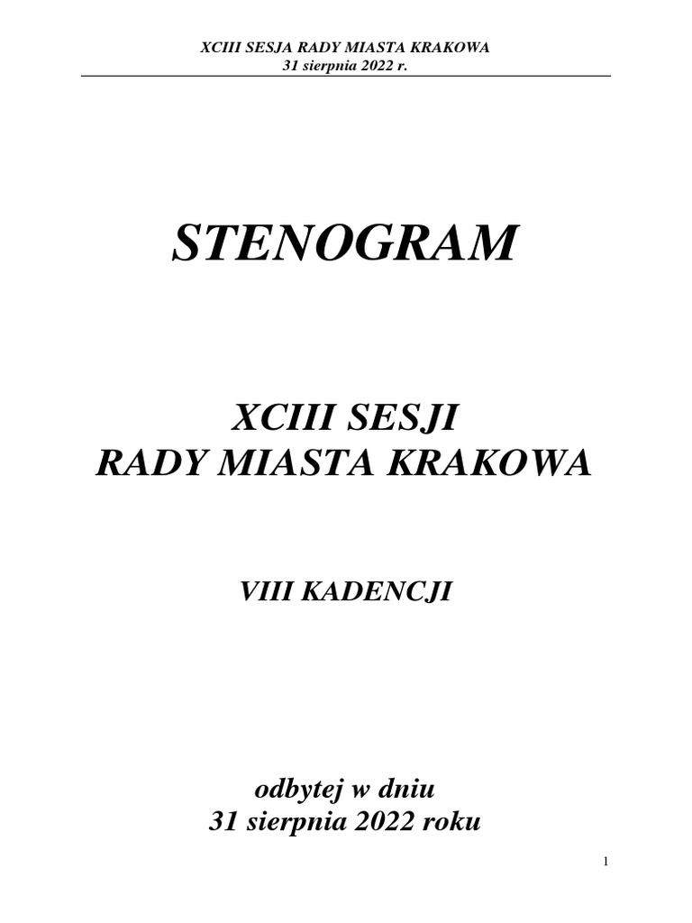 Stenogram: Xciii Sesji Rady Miasta Krakowa | PDF