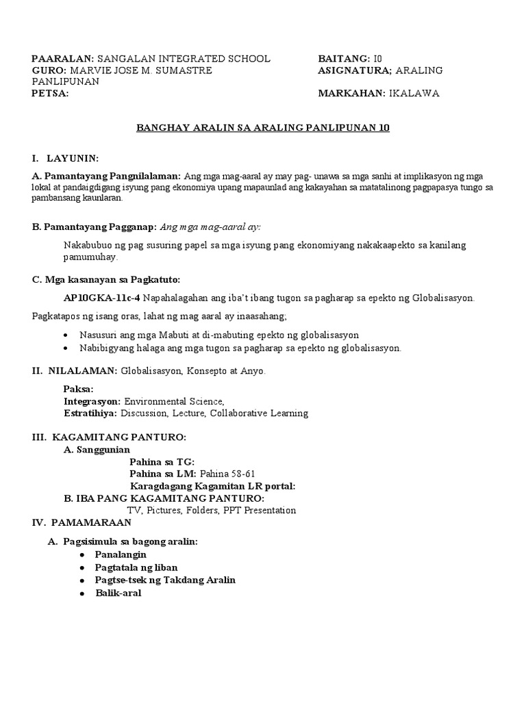 Banghay Aralin Sa Araling Panlipunan 10 | PDF