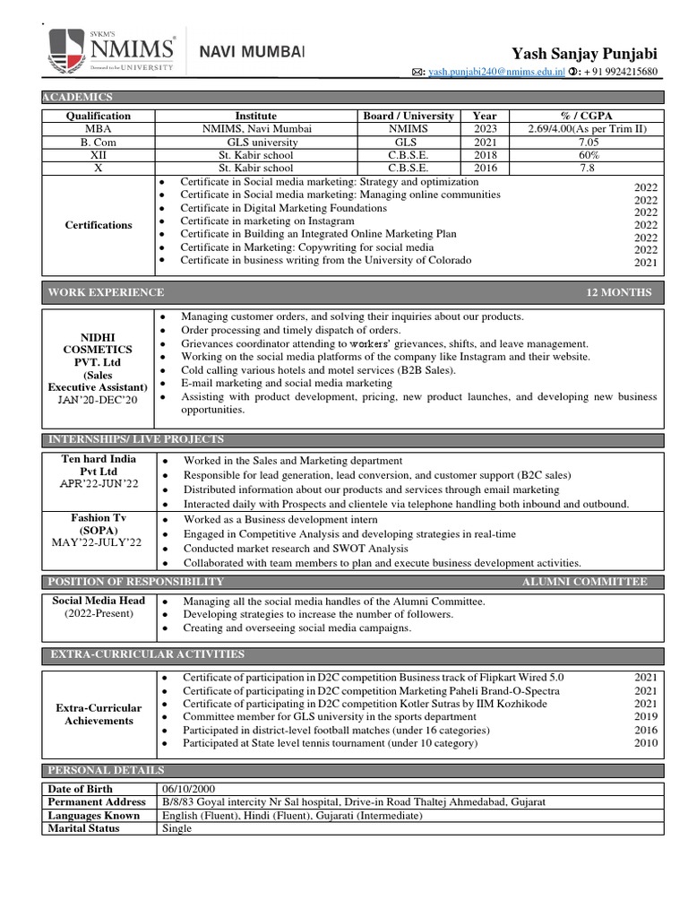 CV - Yash Punjabi (2) - YASH PUNJABI | Download Free PDF | Marketing | Sales