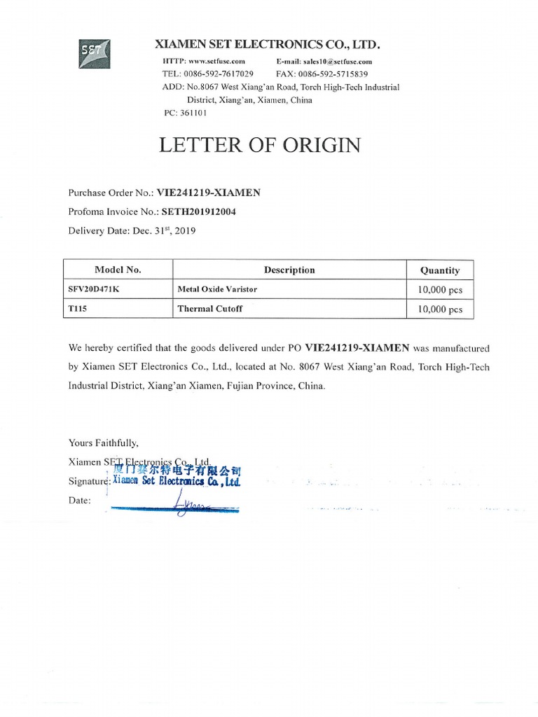 Letter of Origin | PDF