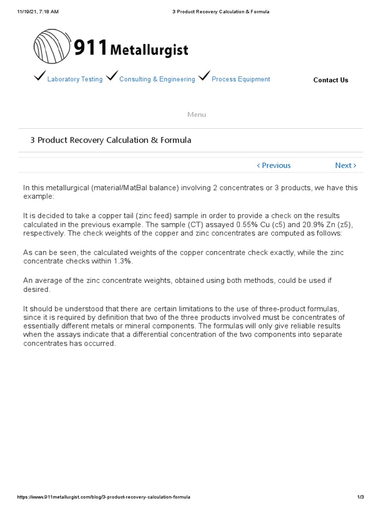 3 Product Recovery Calculation & Formula | PDF | Metals | Zinc
