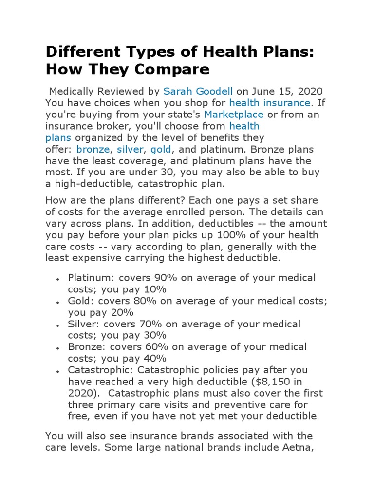 Different Types of Health Plans: How They Compare | Download Free PDF ...