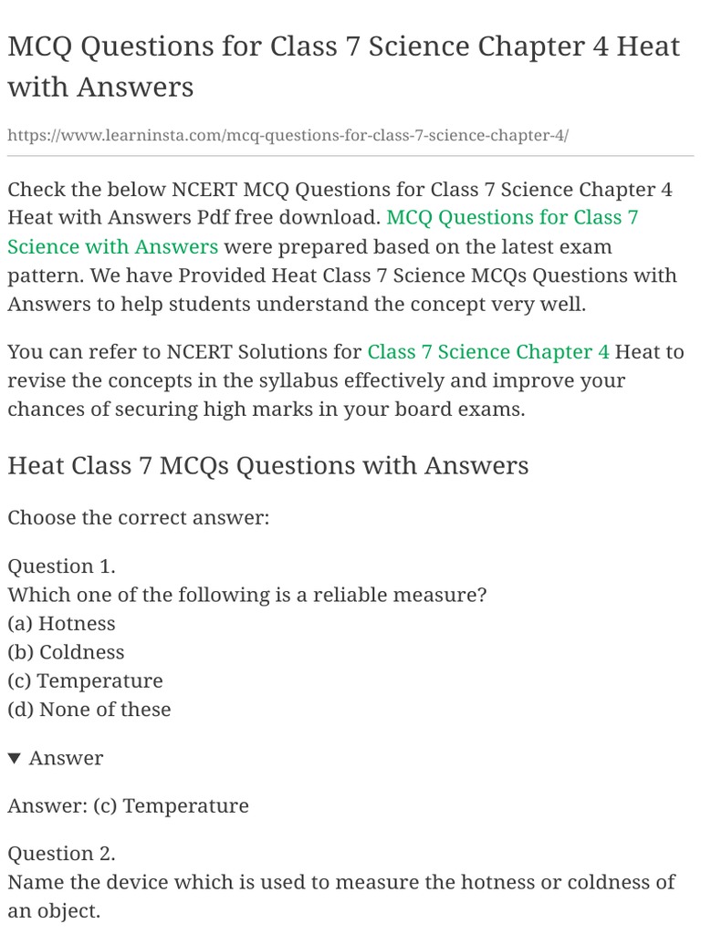 MCQ Questions For Class 7 Science Chapter 4 Heat W+ | PDF | Thermal ...
