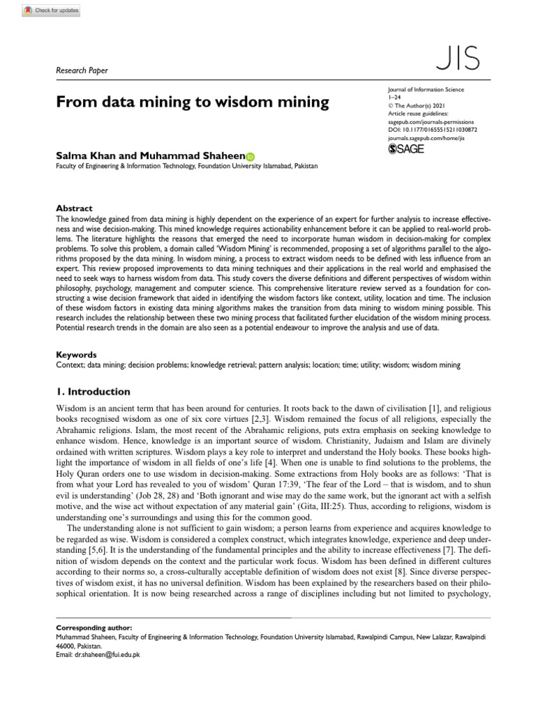 From Data Mining To Wisdom Mining: Salma Khan and Muhammad Shaheen | PDF | Cluster Analysis | Wisdom