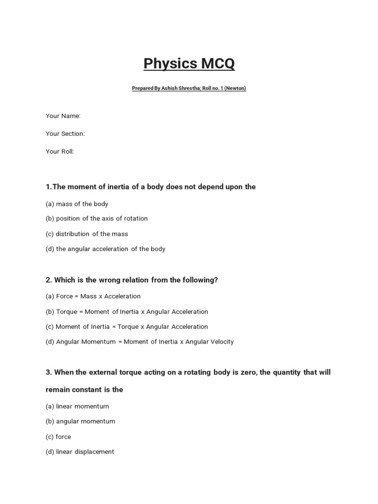 Physics MCQ | PDF | Rotation Around A Fixed Axis | Torque