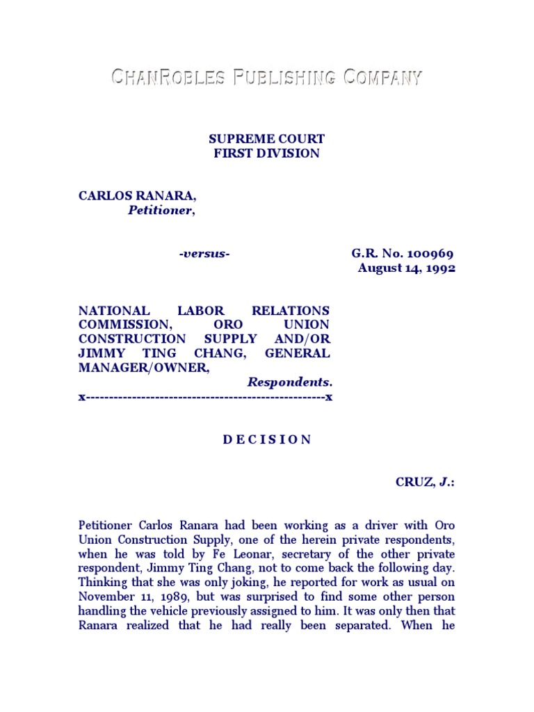Ranara vs. NLRC, G.R. No. 100969, August 14, 1992, 212 SCRA 631 | PDF | Employment | Complaint