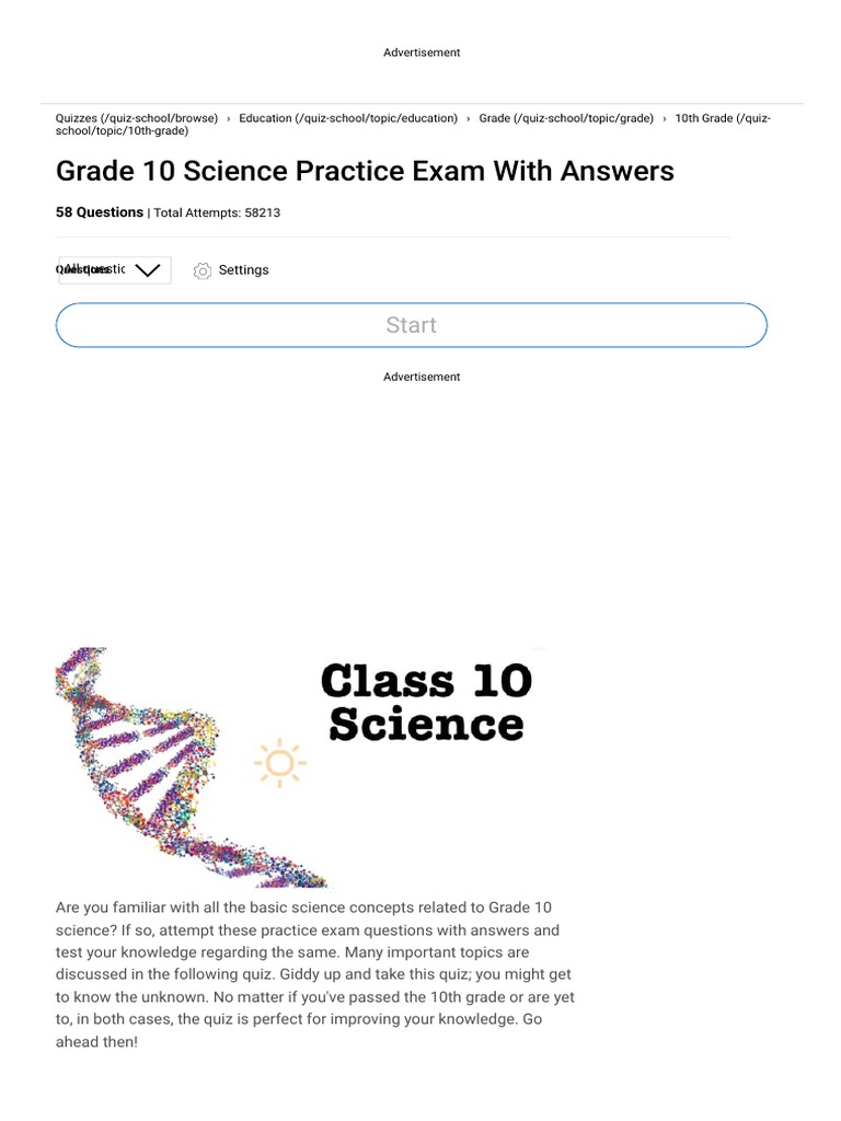 Grade 10 Science Practice Exam With Answers - ProProfs Quiz | PDF ...