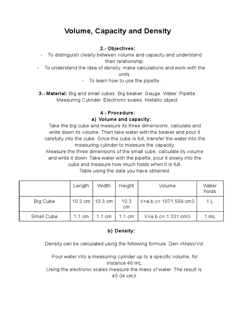 Volume, Capacity and Density - Physics & Chemistry | PDF | Density | Volume