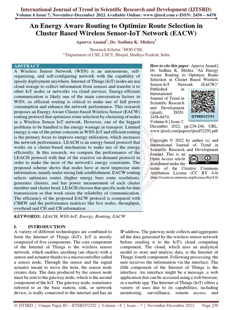An Energy Aware Routing To Optimize Route Selection In Cluster Based Wireless Sensor Iot Network