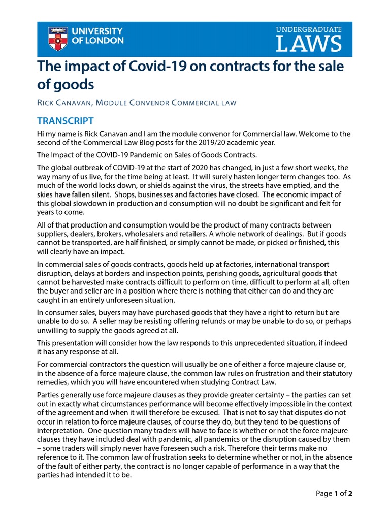 Transcript The Impact of Covid 19 On Contracts For The Sale of Goods Final | PDF | Sales | Justice