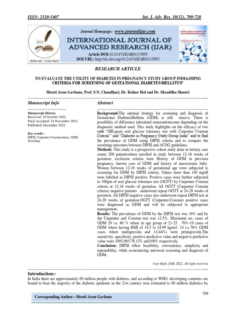 To Evaluate The Utility of Diabetes in Pregnancy Study Group India ...