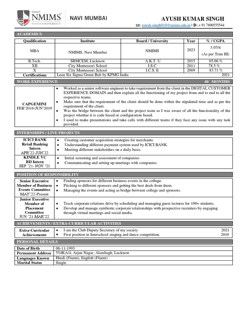 CV - Ayushkumarsingh (1) - Ayush Kumar Singh | PDF | Internship | Job Hunting