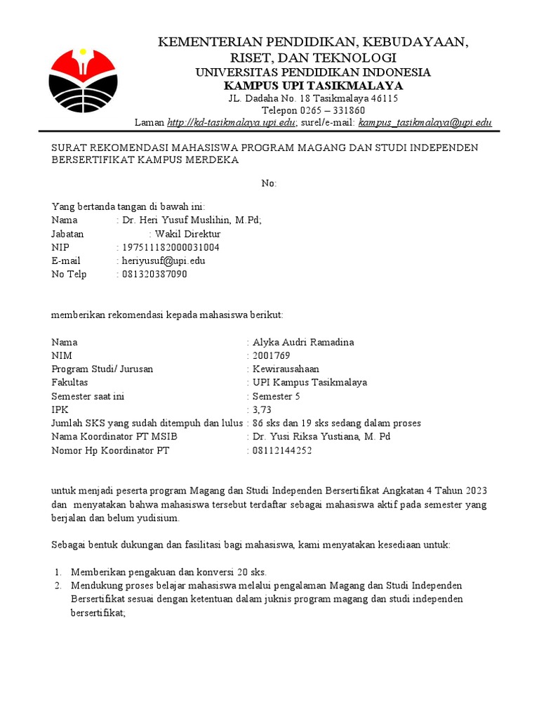 Surat Rekomendasi MSIB Batch 4 - Alyka Audri Ramadina - 2001769 | PDF