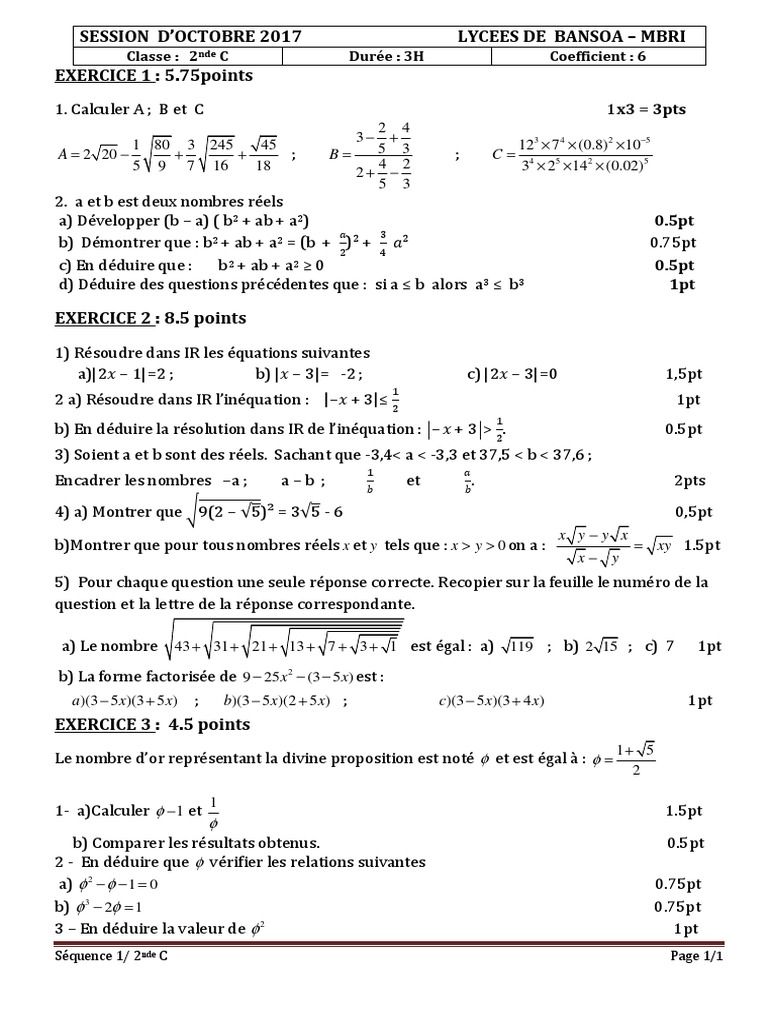 Évaluation Mathématiques 2nde C Octobre 2017 | PDF | Mathématiques | Objets mathématiques