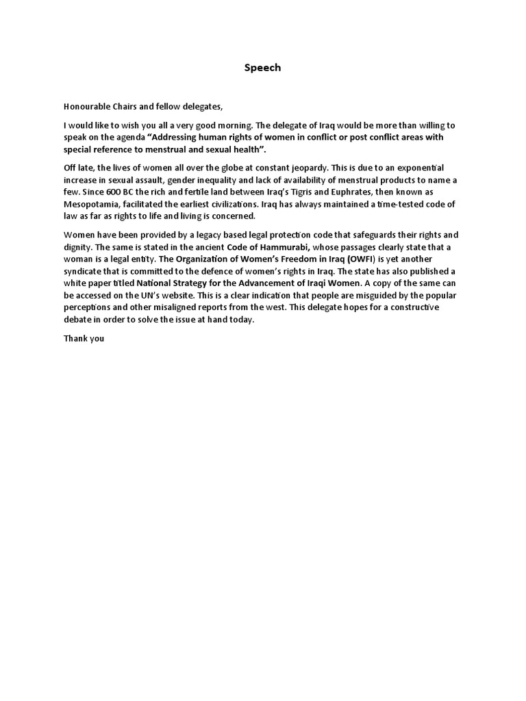 Mun Iraq Uncsw Position Paper | PDF