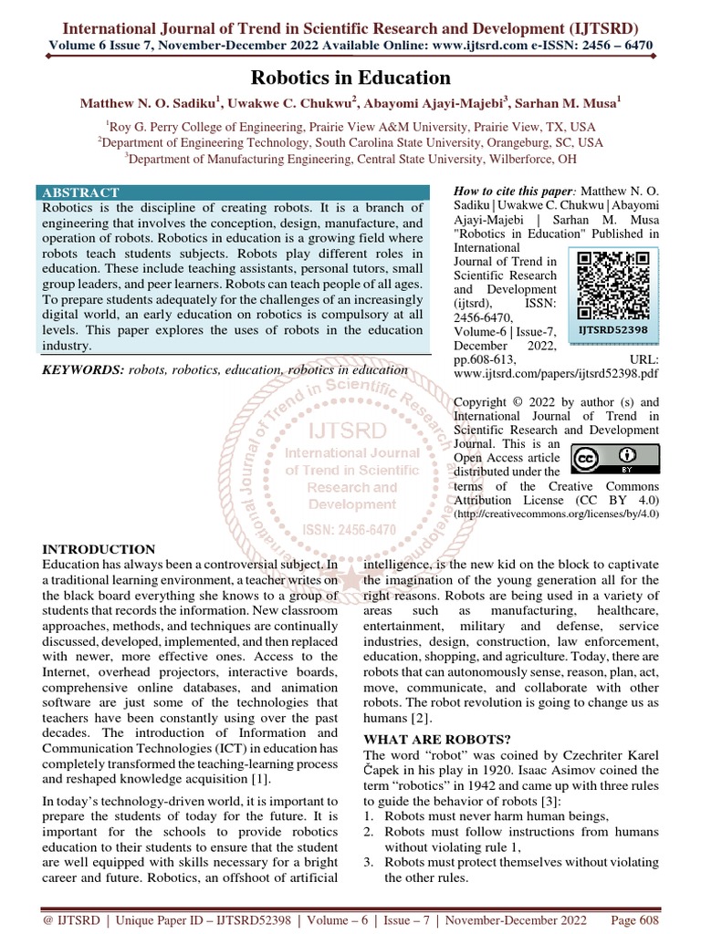 Robotics in Education | PDF | Science, Technology, Engineering, And ...
