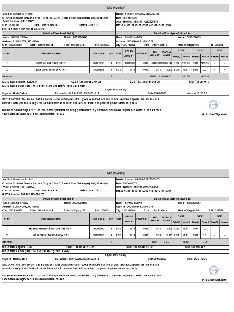 OnePlus Device Repair and Accessory Purchase Tax Invoice for Nikhil ...