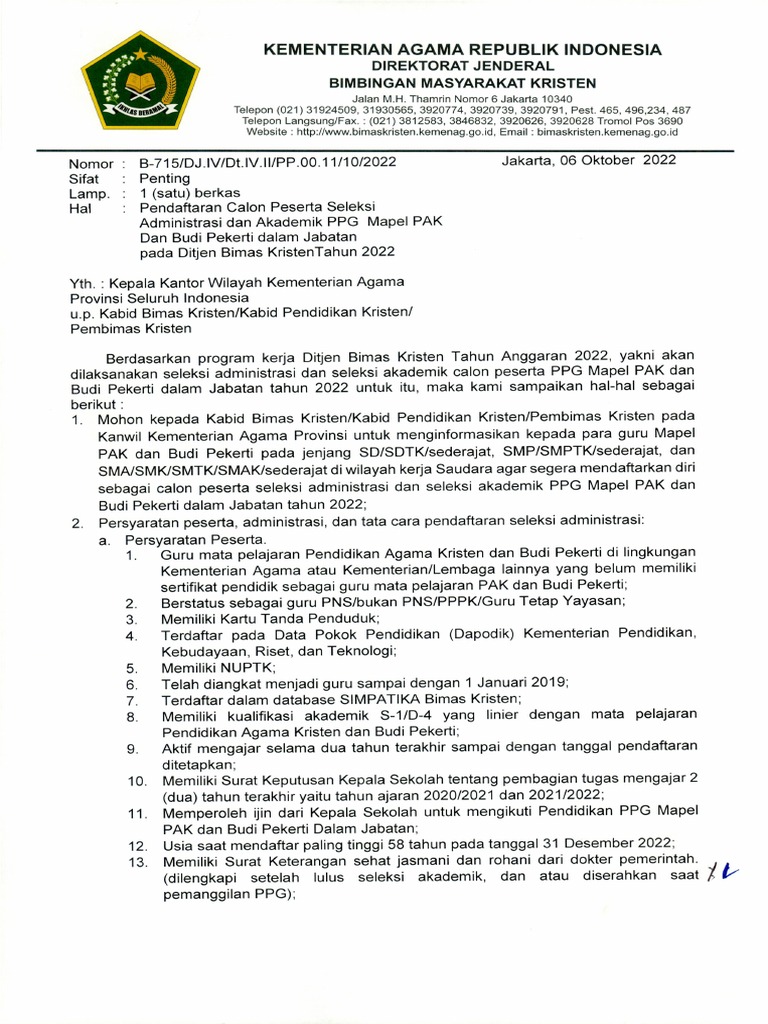 SE Seleksi Administrasi PPG Bimas Kristen 2022 (New) | PDF