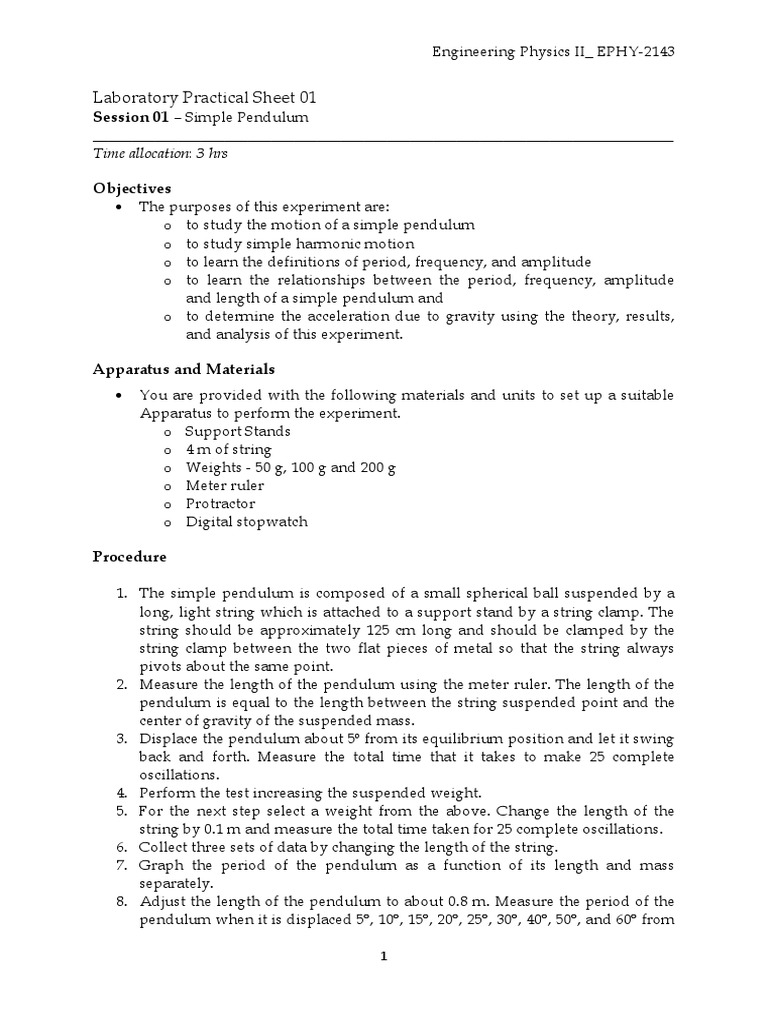 Lab Sheet 01 - Simple Pendulum | PDF | Pendulum | Oscillation
