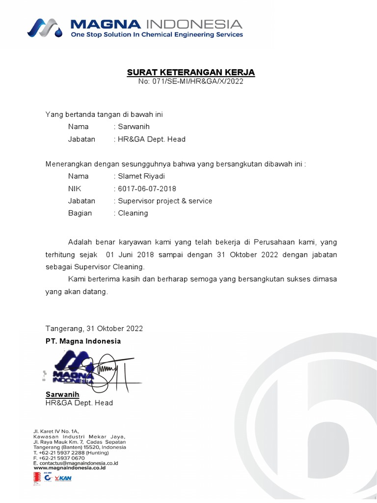 Surat Keterangan Kerja | PDF