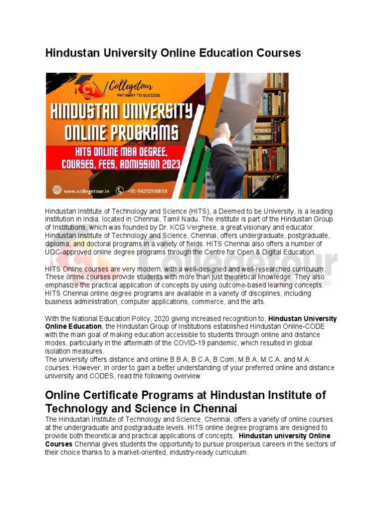 Hindustan University Online Education Courses | PDF | University And ...