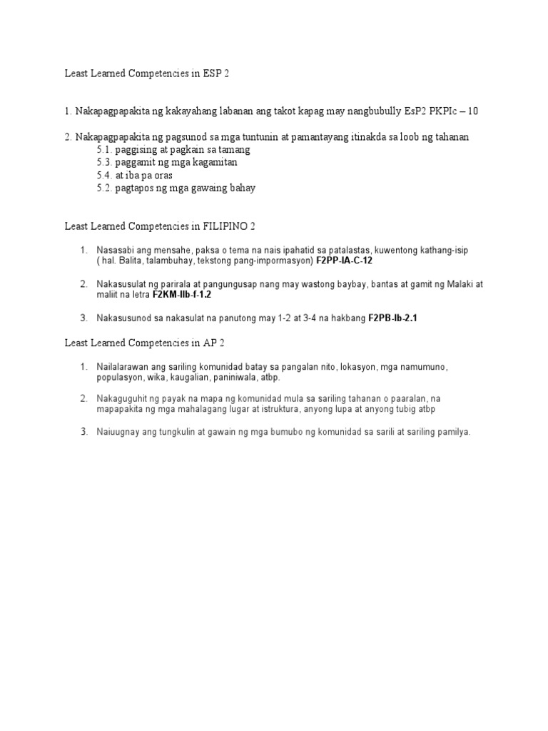 Least Learned Competencies in ESP 2 | PDF